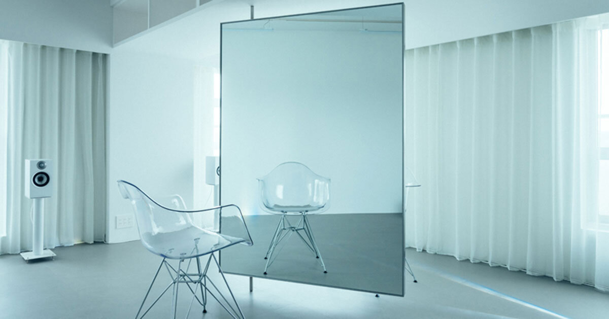 large floating mirror captures urban views within private salon by 2nf ...