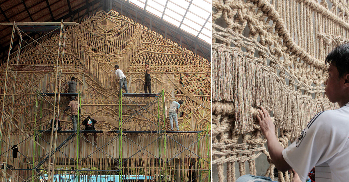 agnes hansella hangs macramé wall trio on a seaside structure in bali