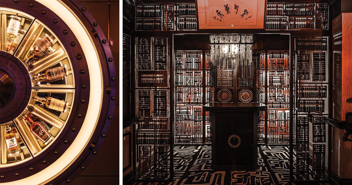 a golden vault-like turntable decorates ‘the exchange bar’ in shanghai