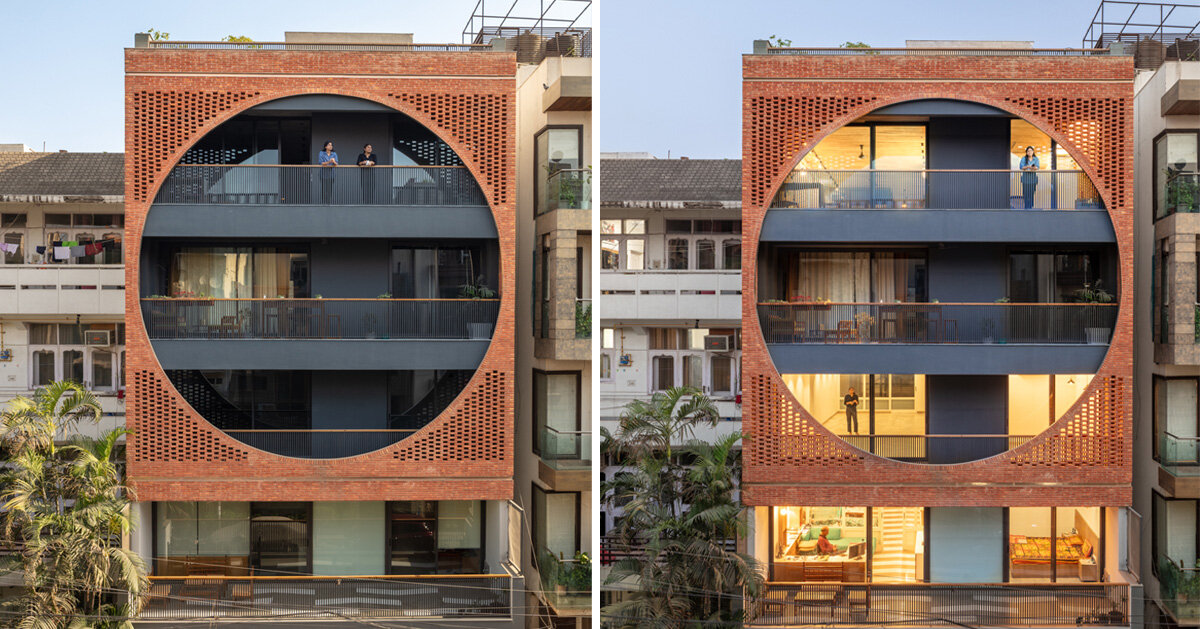 circular aperture within brick screen dominates AKDA's house in india