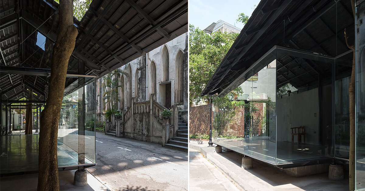 a glass + steel pavillion built around existing trees of a vietnamese ...