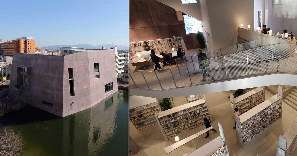 monolithic library extension by maru architecture floats on serene pond ...