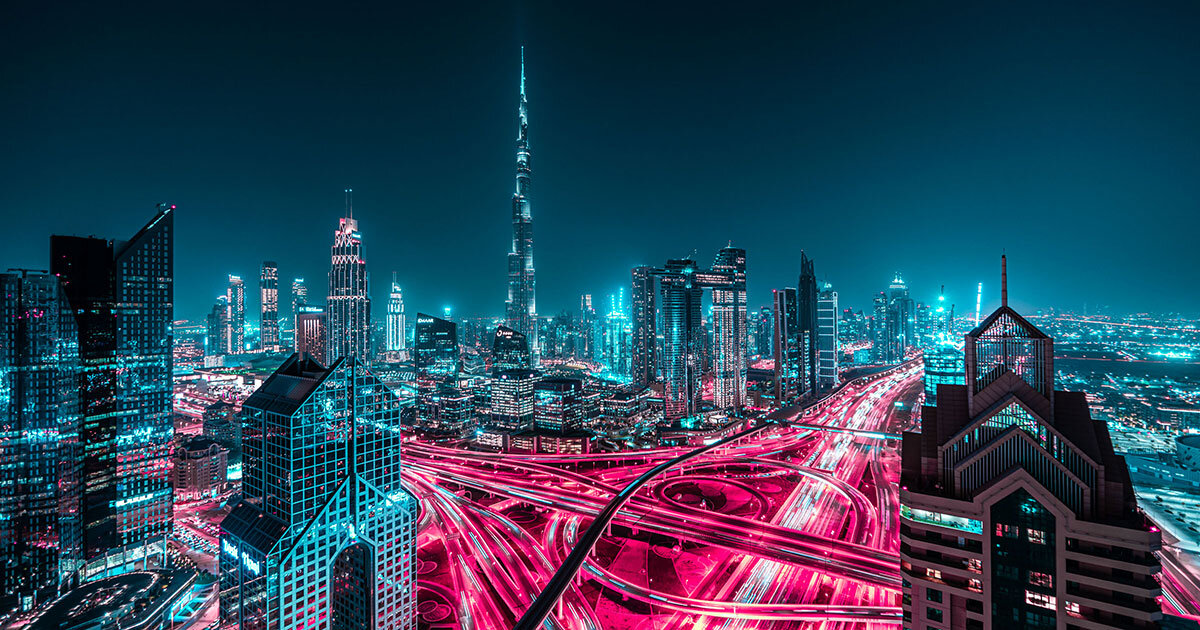 xavier portela makes dubai glow in dazzling hues of pink and blue