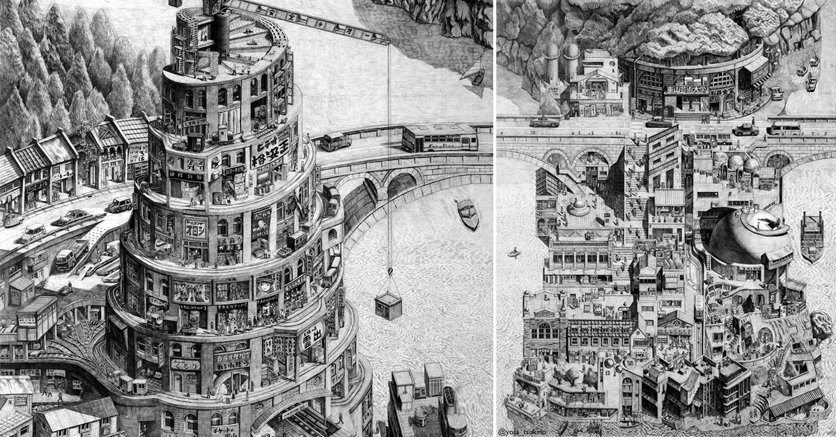 yota tsukino meticulously renders retrofuturistic cityscapes in pencil