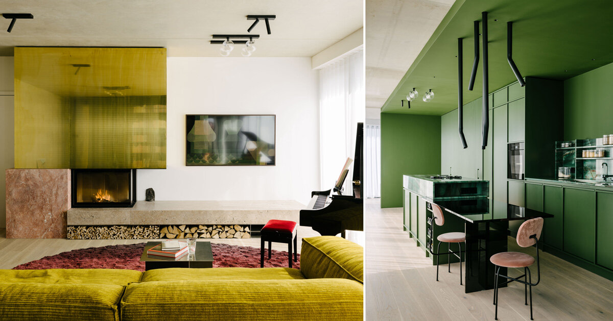 renovated berlin apartment with gold + marble unfolds around green box