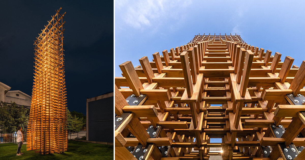 cheng tsung feng forms tower in taiwan with interlocking wooden planks