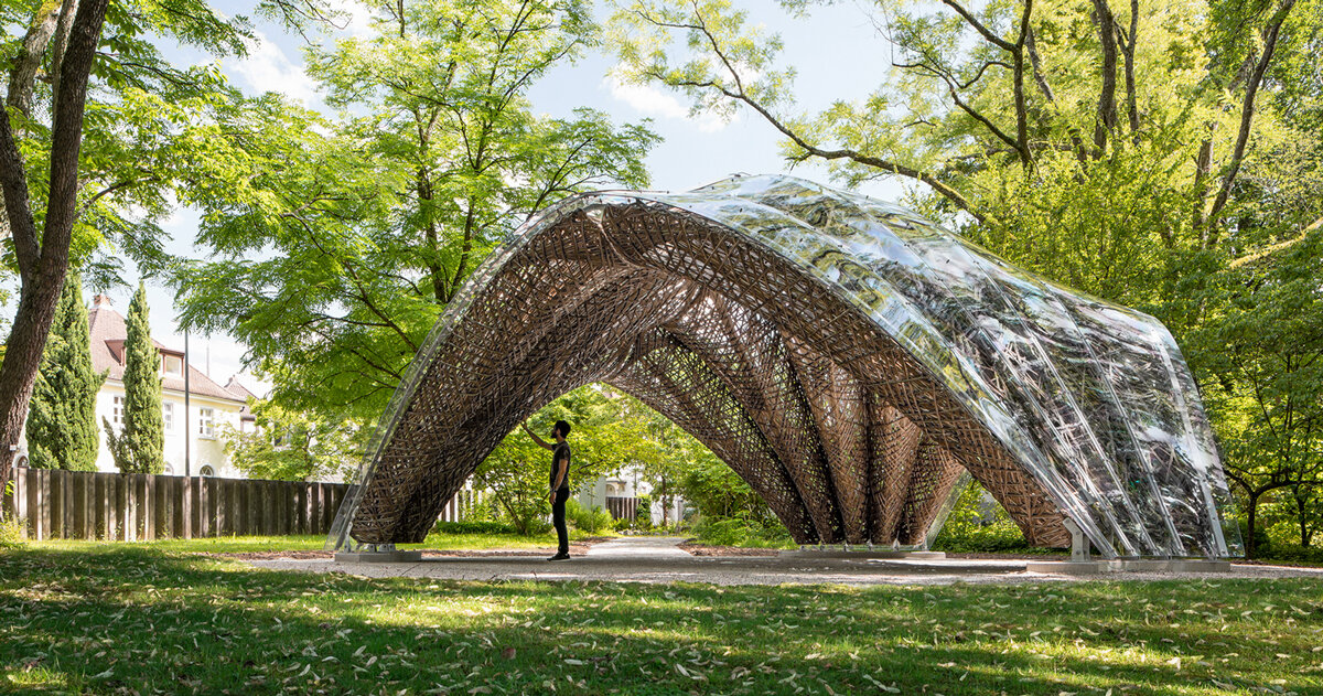 robotically wound flax fiber builds the 'livMatS pavilion' in freiburg