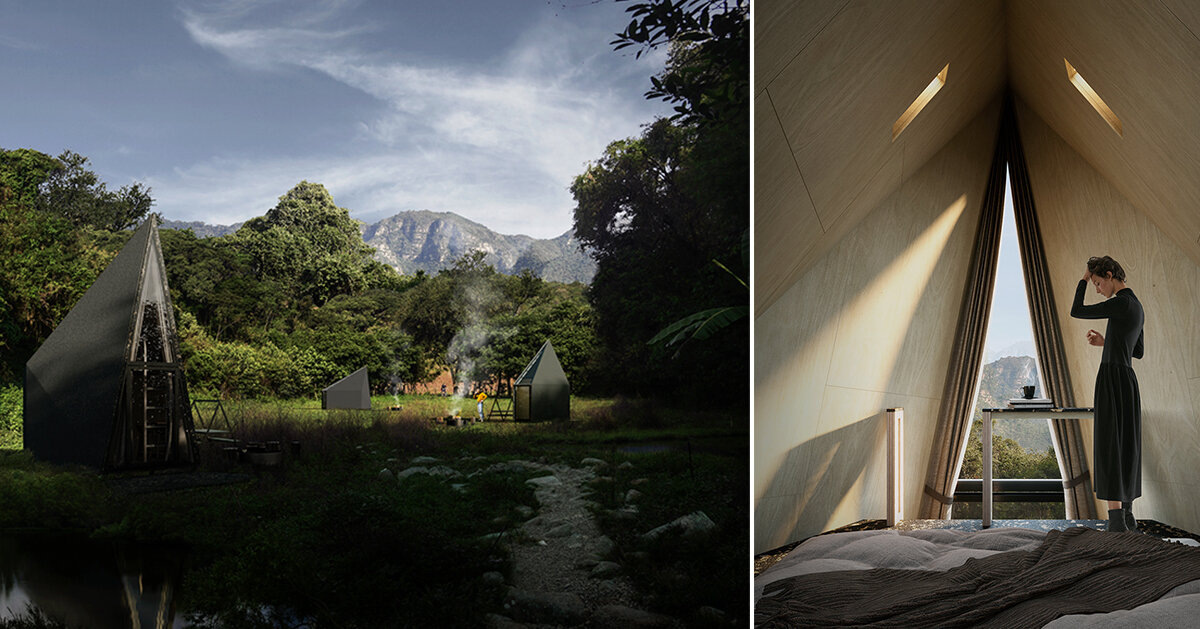 rojkind arquitectos assembles prefab pyramidal getaway cabins in mexico
