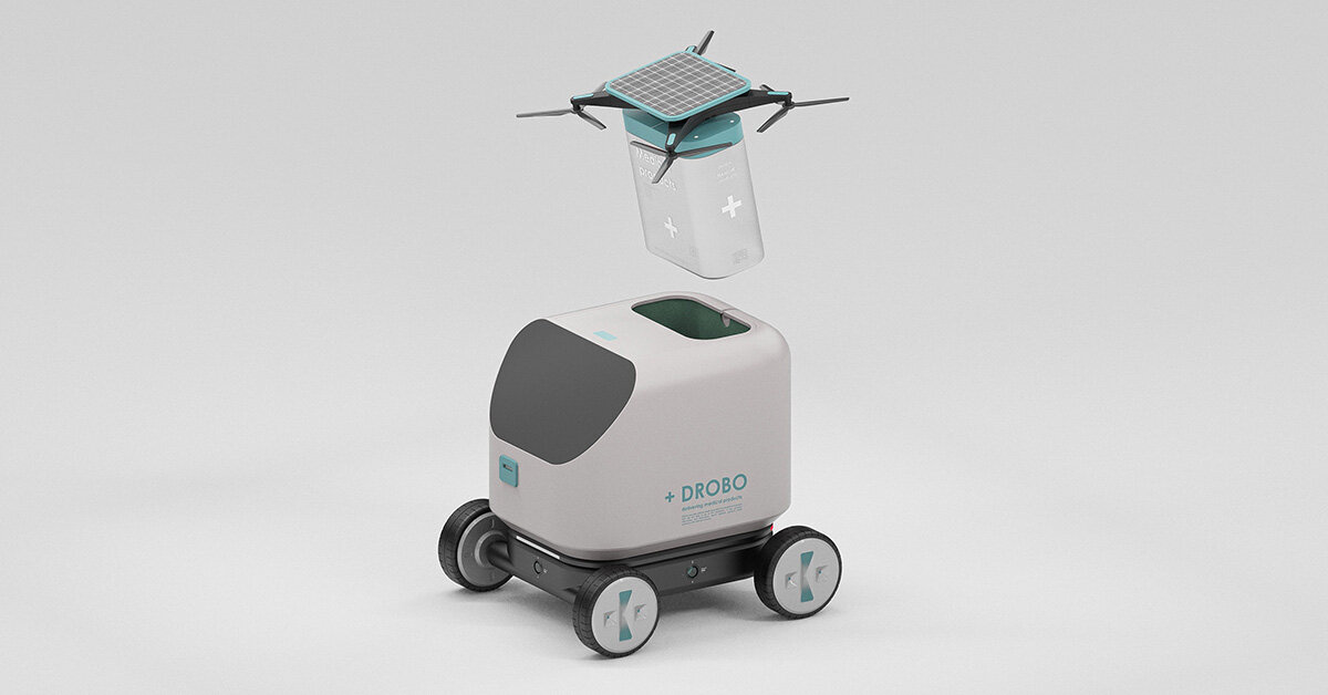 drobo is a medical product delivery robot with a solar-powered drone