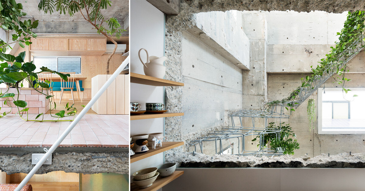 mamm design inserts green staircase in renovated concrete tokyo house