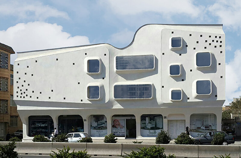 the shar decorates its 'sepid' building in iran with curved angles and dots