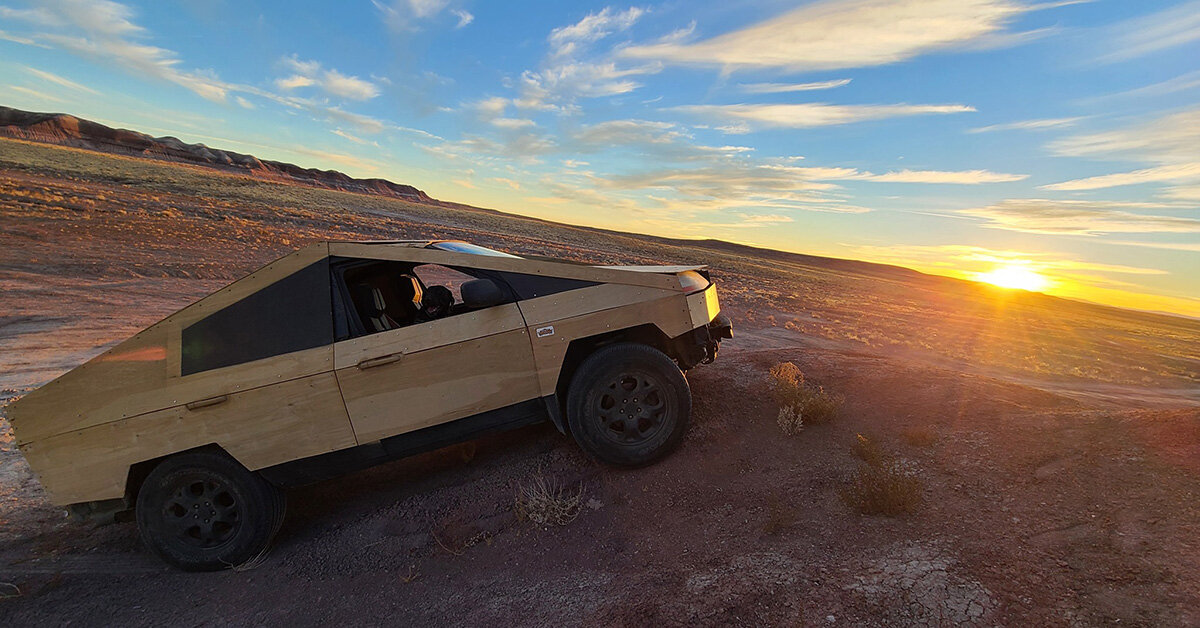 the plybertruck is a tesla cybertruck replica made with wooden panels