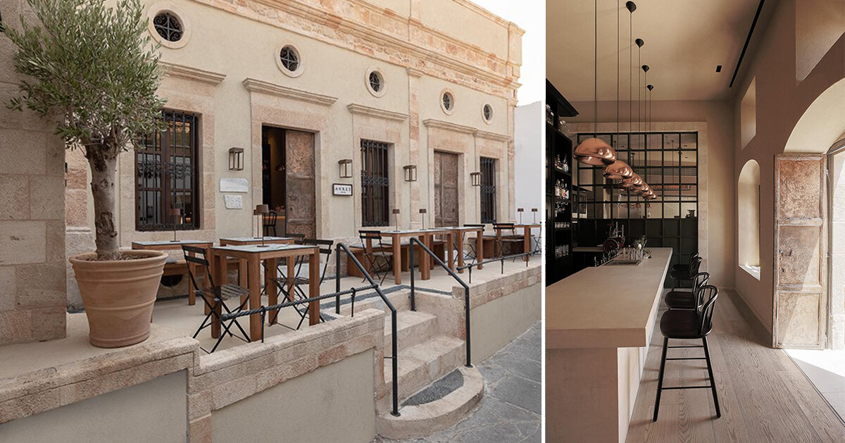 modern interior completes the otherwise intact restaurant shell in greece