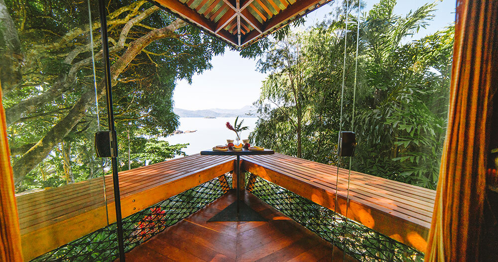 triangular 'casa proa' treehouse floats among coastal brazilian canopy