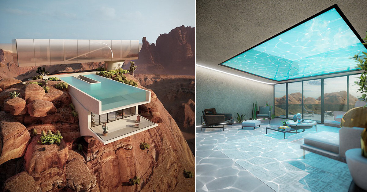 render of the day: a minimalist pool house sitting on top of a desert rock