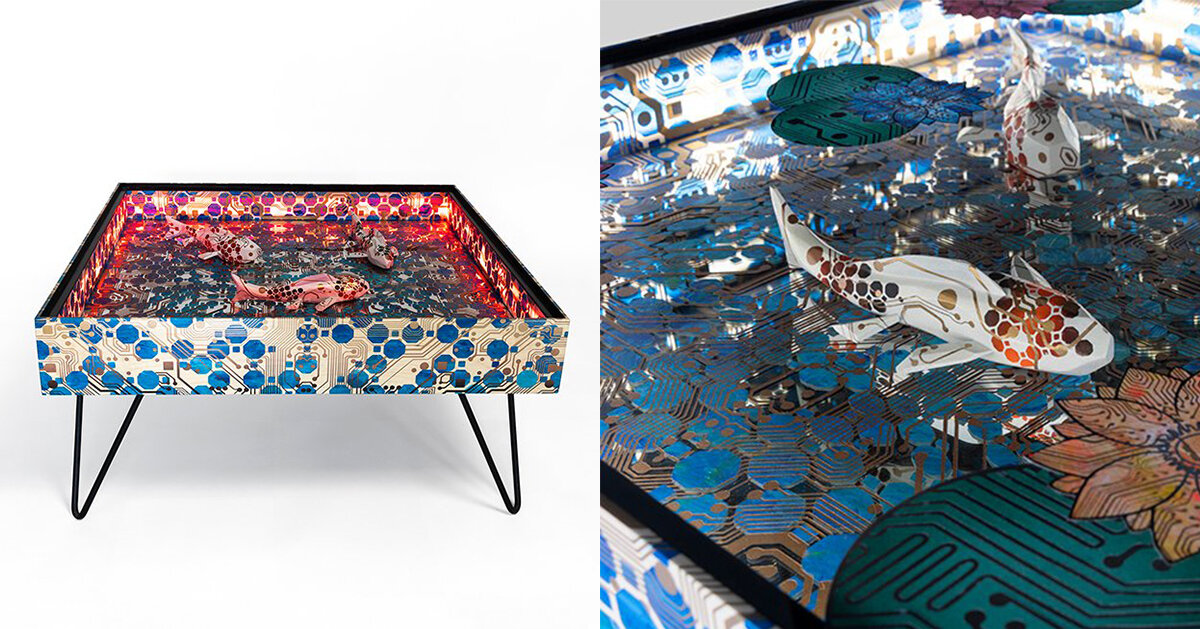 near-infinite table clad in psychedelic patterns explores the mirror effect