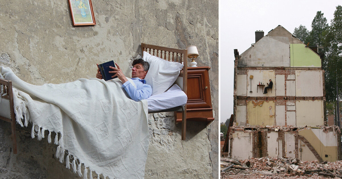 artist thierry mandon reads in a bed dangling from abandoned building