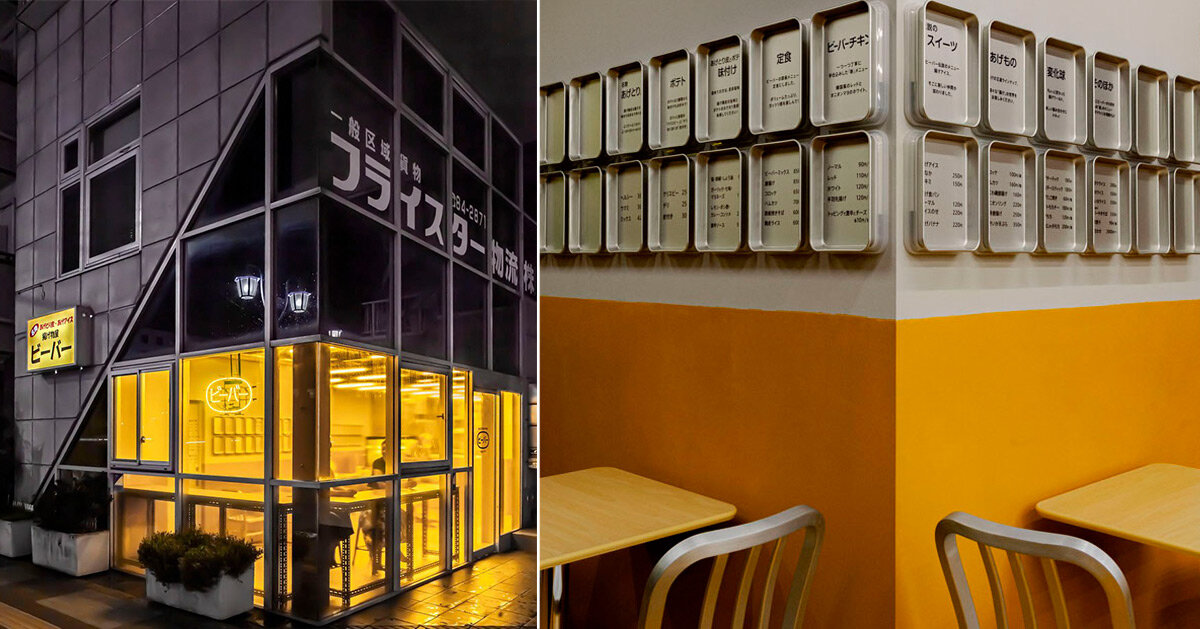 bright yellow tones clad renovated fried food shop in the suburbs of tokyo