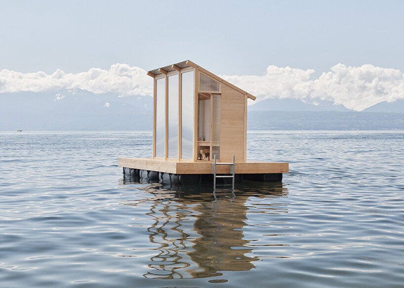 löyly is a floating prefab sauna in the middle of lake geneva