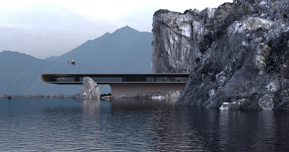 roman vlasov's floating concept house emerges from coastal cliffs