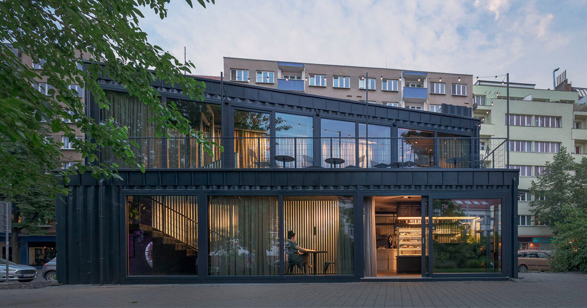 COLLARCH shapes café in prague from recycled shipping containers