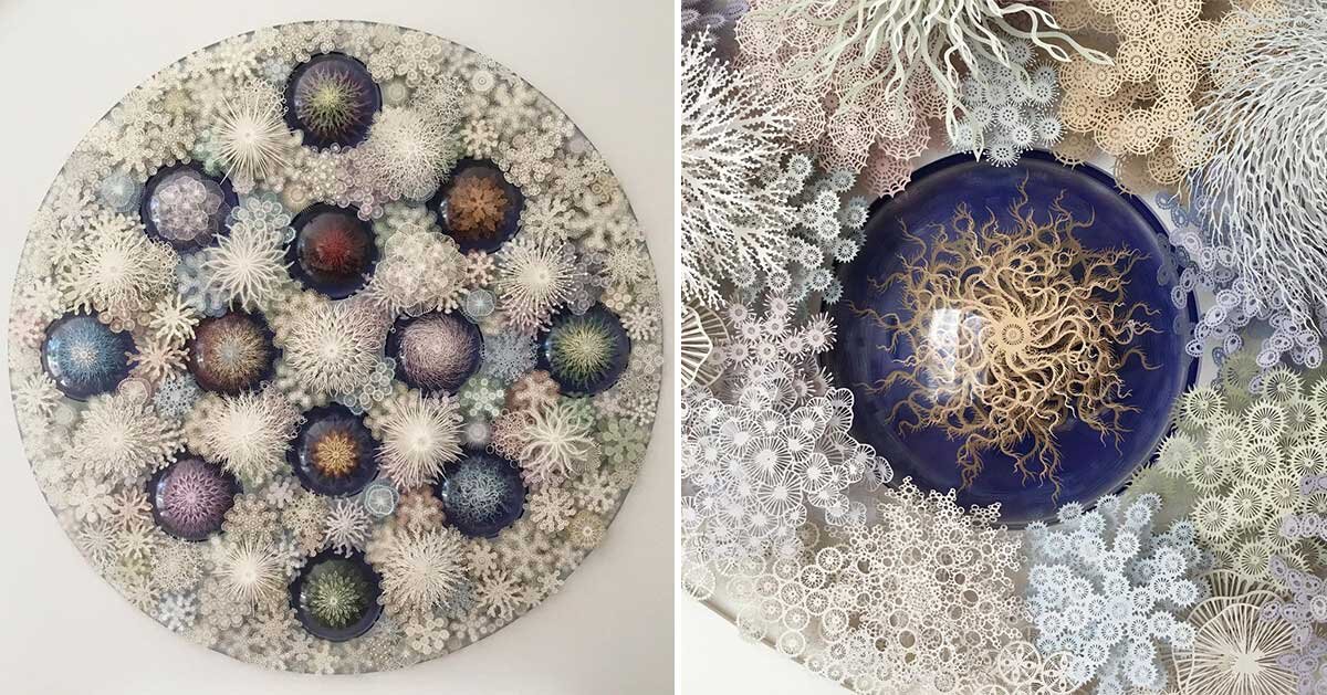 rogan brown intricately cuts-out coral garden capturing nature's fragility