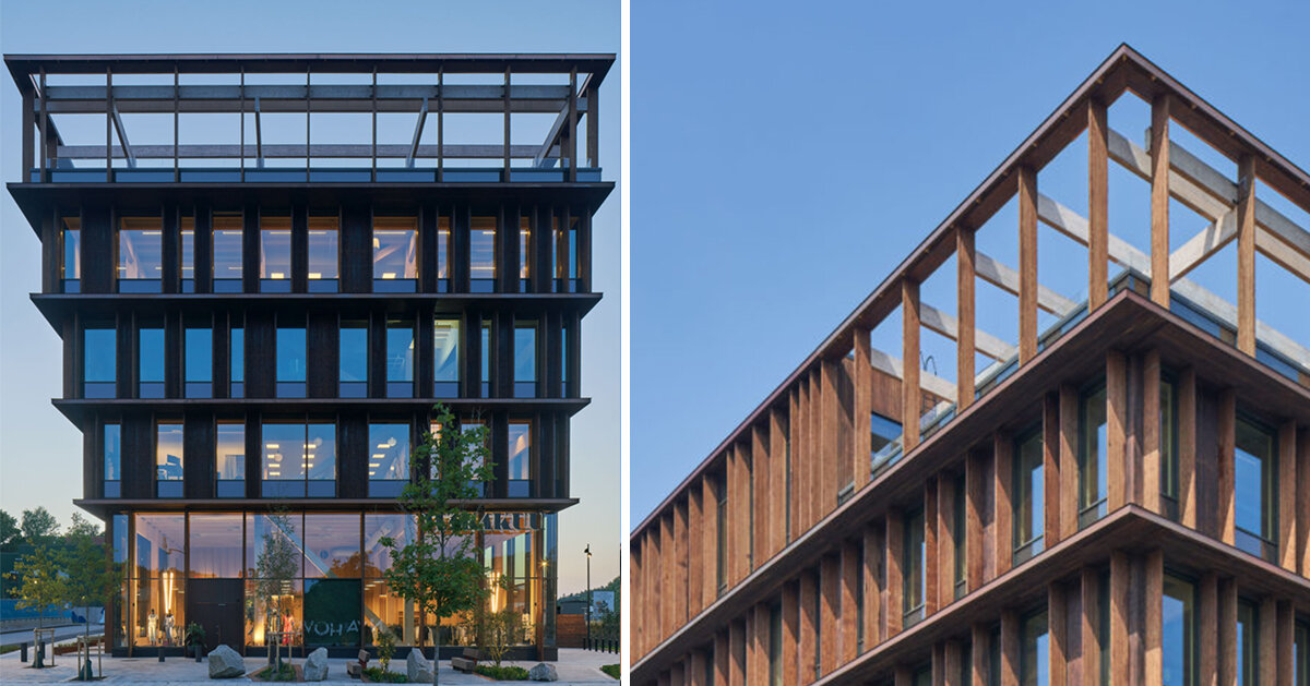 white arkitekter's nodi office building rises inside wooden framework