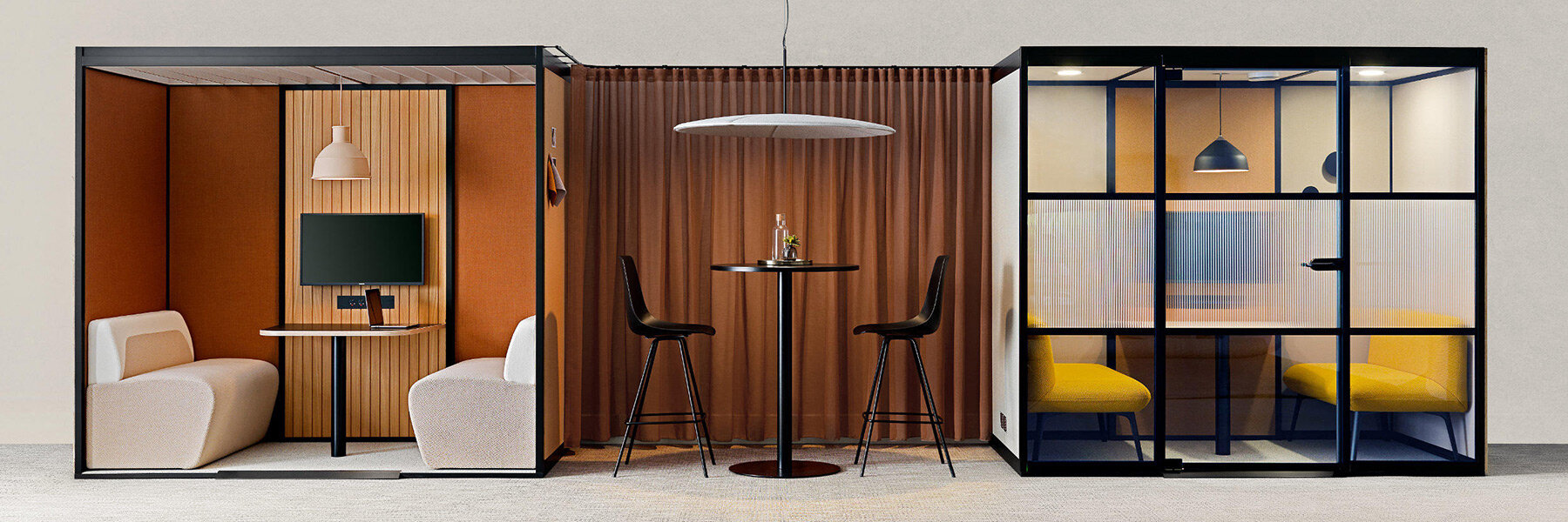 boss design adapts to the flexible workspace with cocoon-like chair & pods