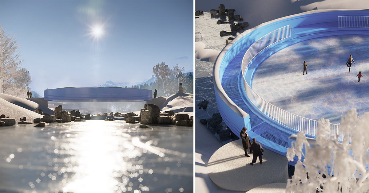 studio beltrame suspends circular ice-skating bridge within mountainous tarvisio