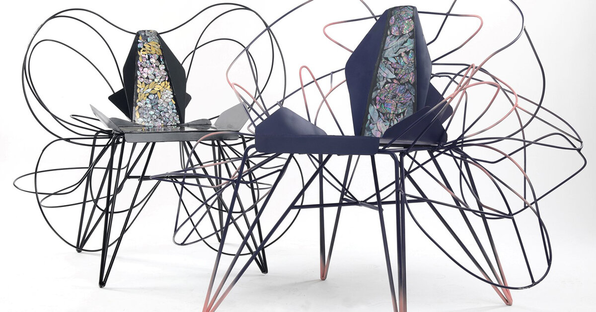 yejoong choi's swirling metal chairs are shaped to evoke butterflies