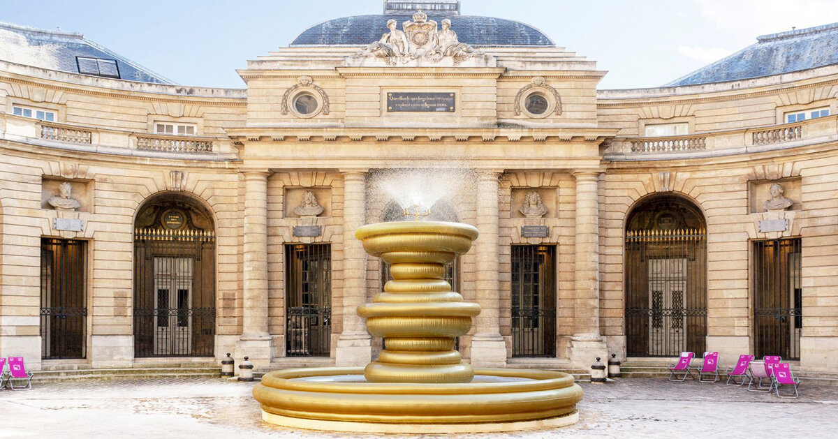 bina baitel installs inflatable fountain at monnaie de paris courtyard