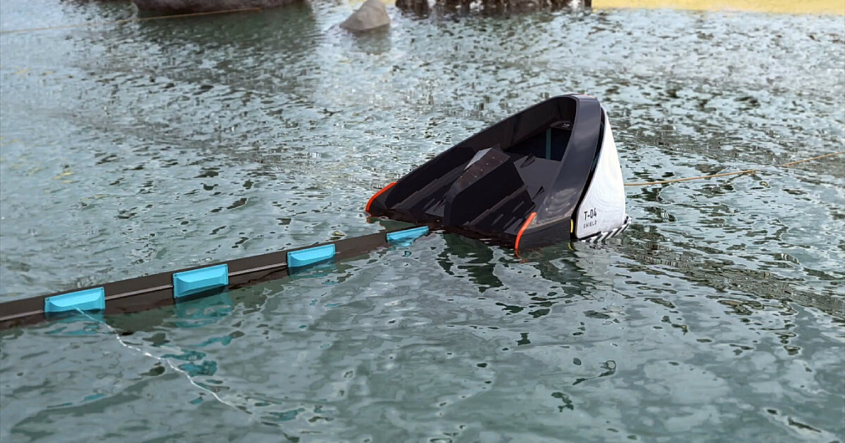 garbage collector by student scoops ocean trash with waves