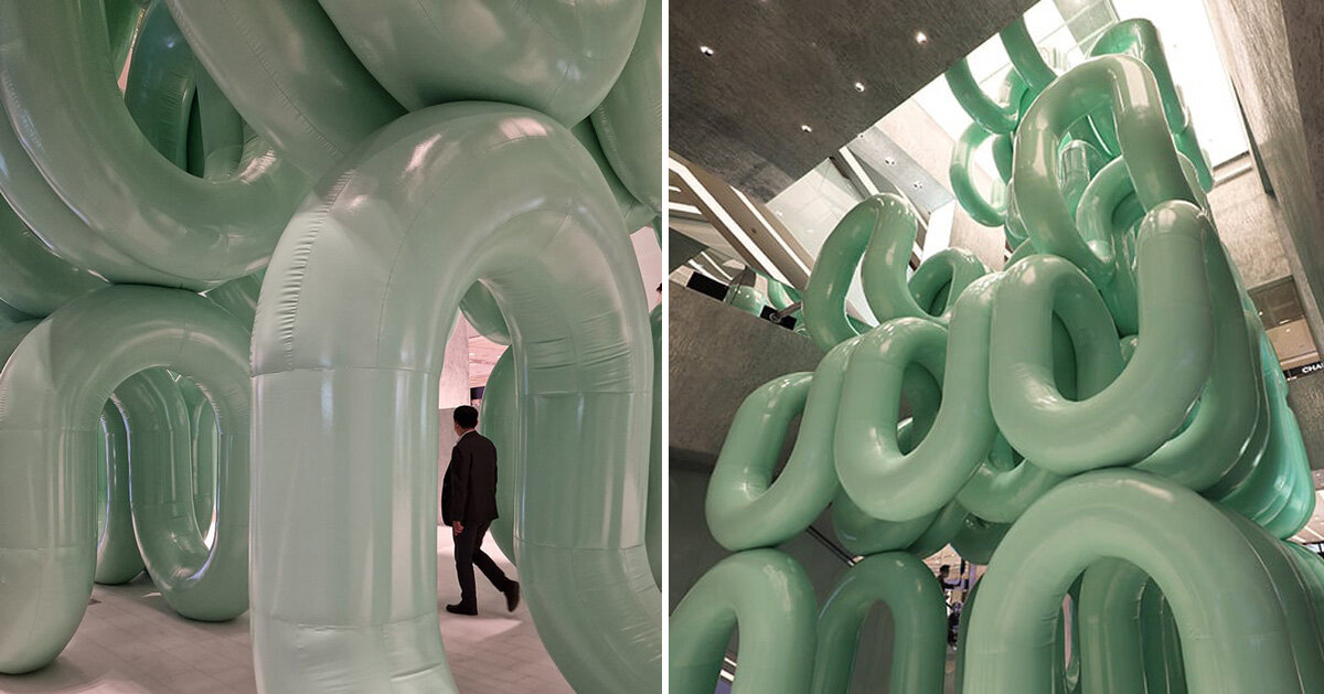 cyril lancelin's inflatable 'waterfall arches' cascade in south korea