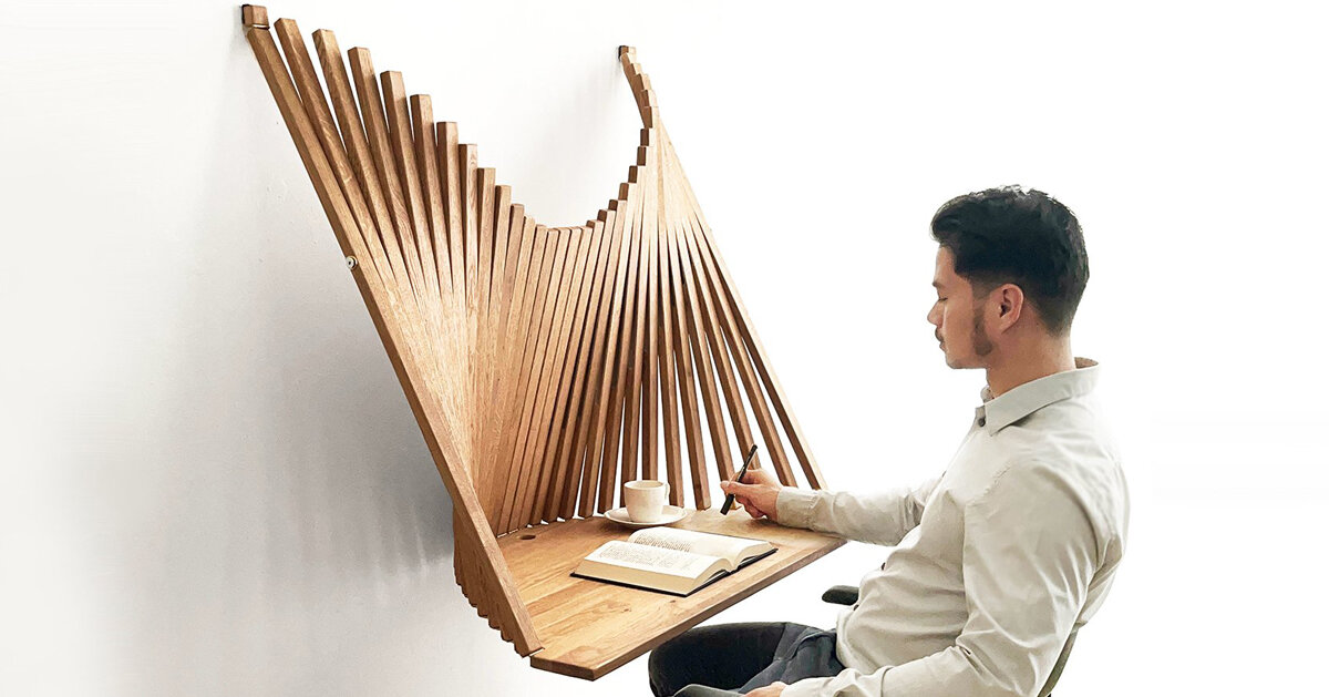 robert van embricqs' unraveling wall hanging transforms into a desk