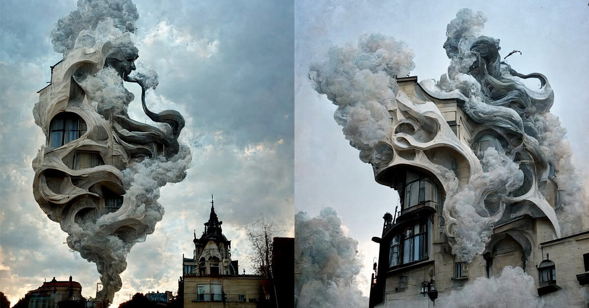 hassan ragab's AI art nouveau facades emerge from smoke