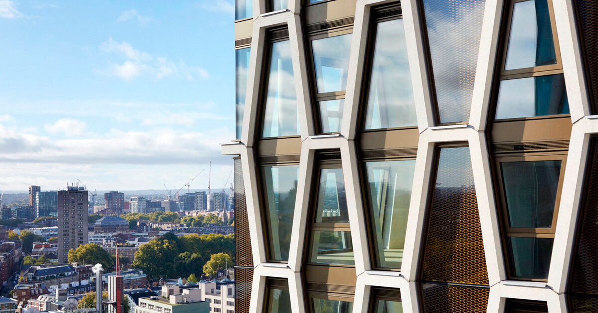 art deco geometric facade envelops building complex in london
