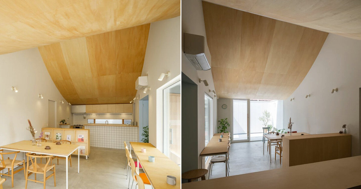 vaulted ceiling drapes over peaceful house + café by mikaduki ...