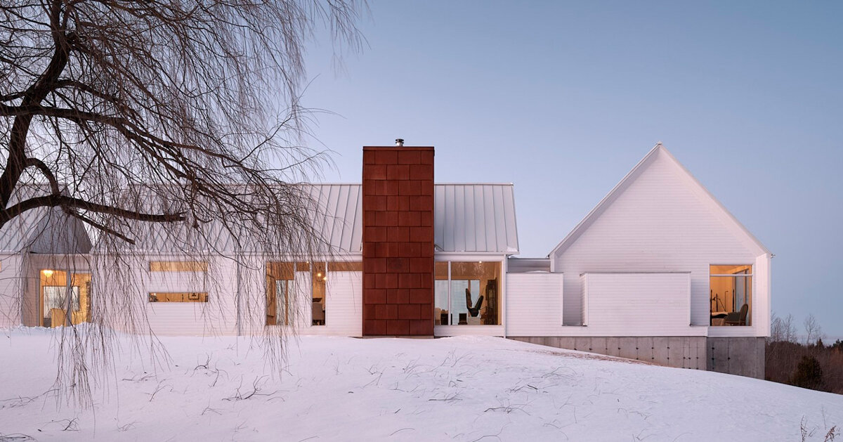 copper steel slabs of rural residence nod to red badlands in canada