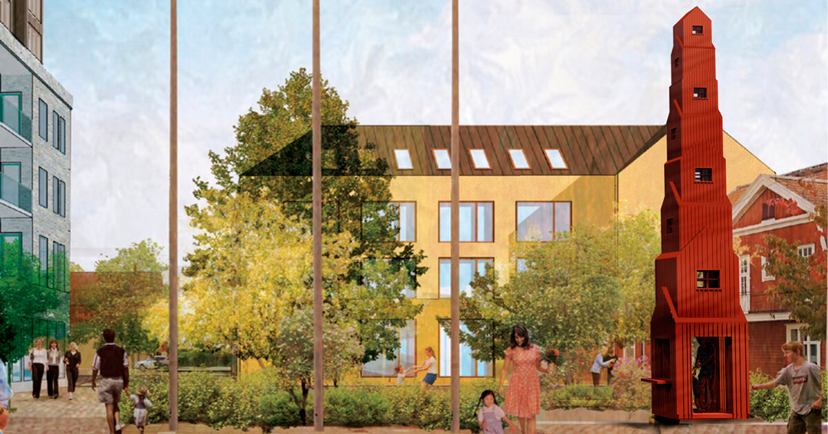 ulf mejergren stacks red kiosks to shape sculptural tower in sweden