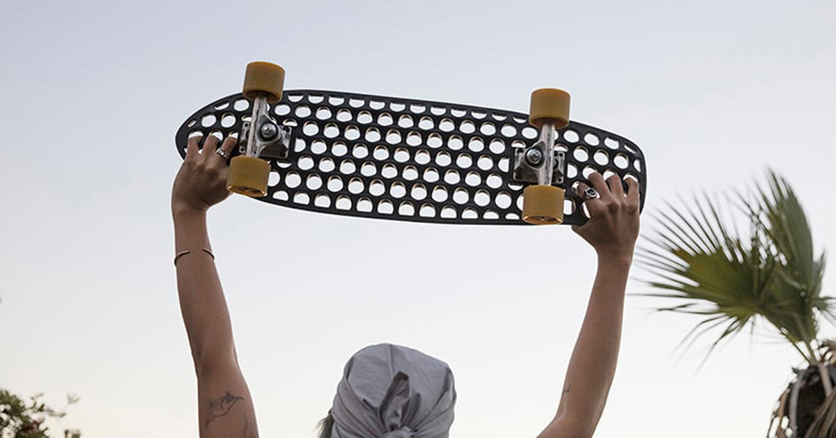 lander recycles discarded fishing nets into perforated skateboards