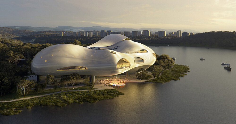 OPEN unveils fluid, floating yichang grand theater on yangtze river
