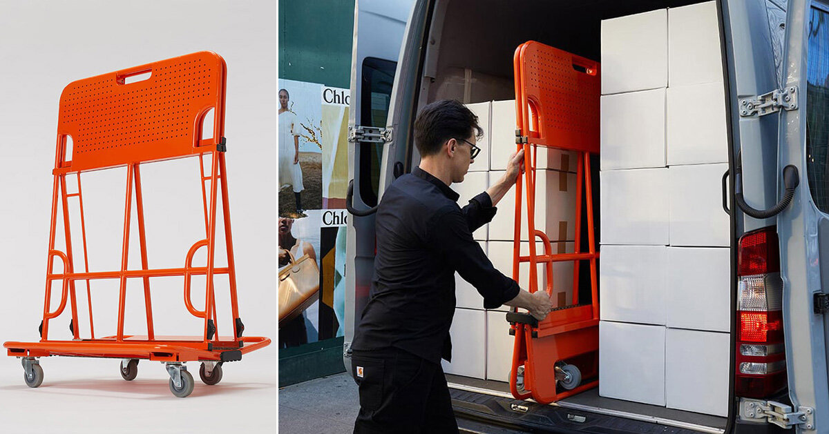 leadoff studio's folding cart transports art & fits snugly inside a van