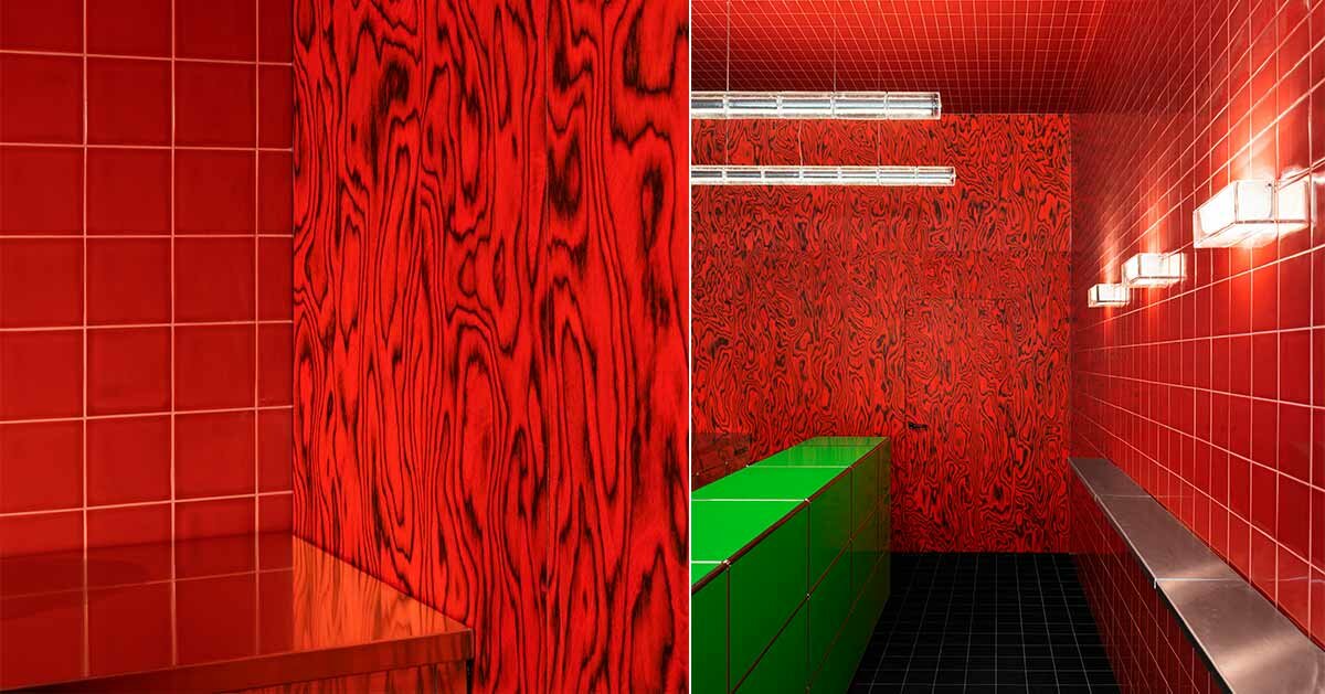 glossy red tiles dynamically contrast with lime green counter within ...