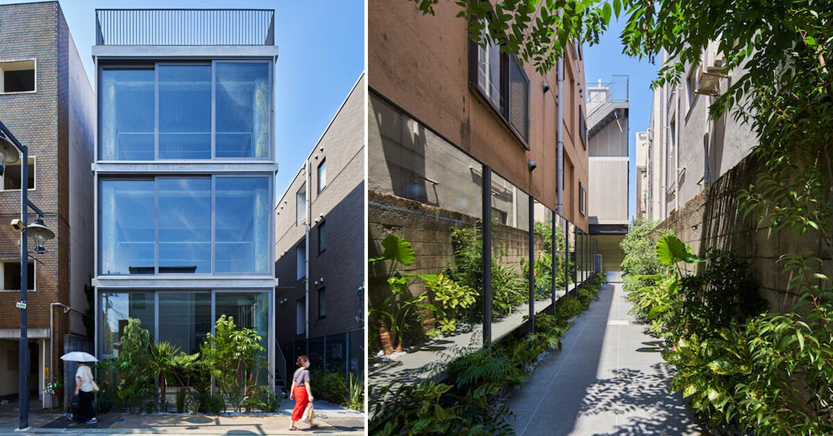 nature-infused path & reflective O_building opens up tokyo street