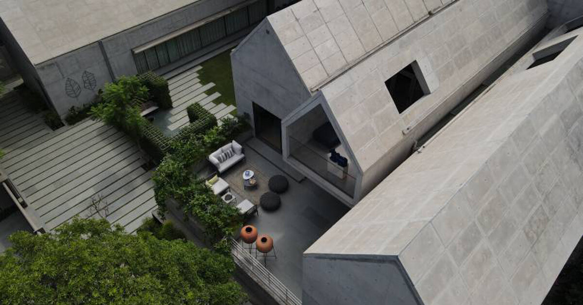 'elemental' landscaping weaves across two concrete monoliths in delhi