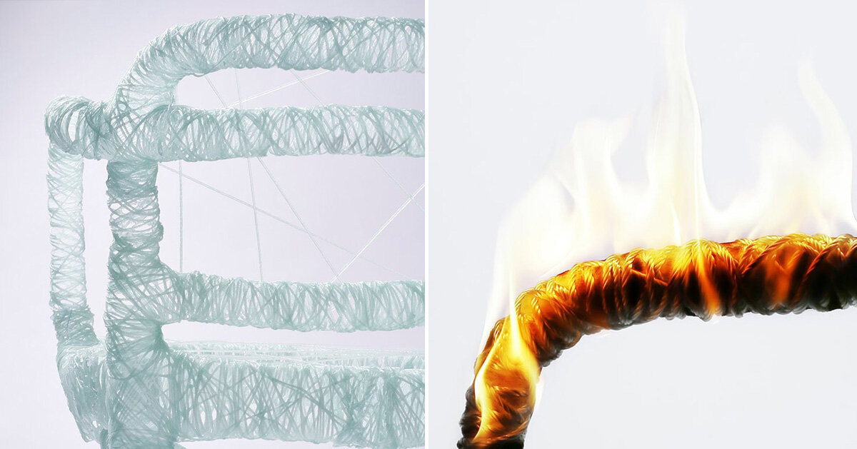 takt project burns fibreglass-wrapped chair to unveil glass shell