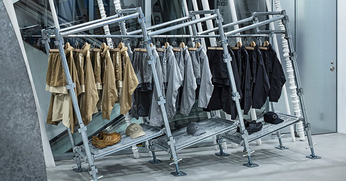 atelier write displays inclusive apparel in sloping scaffolding in tokyo