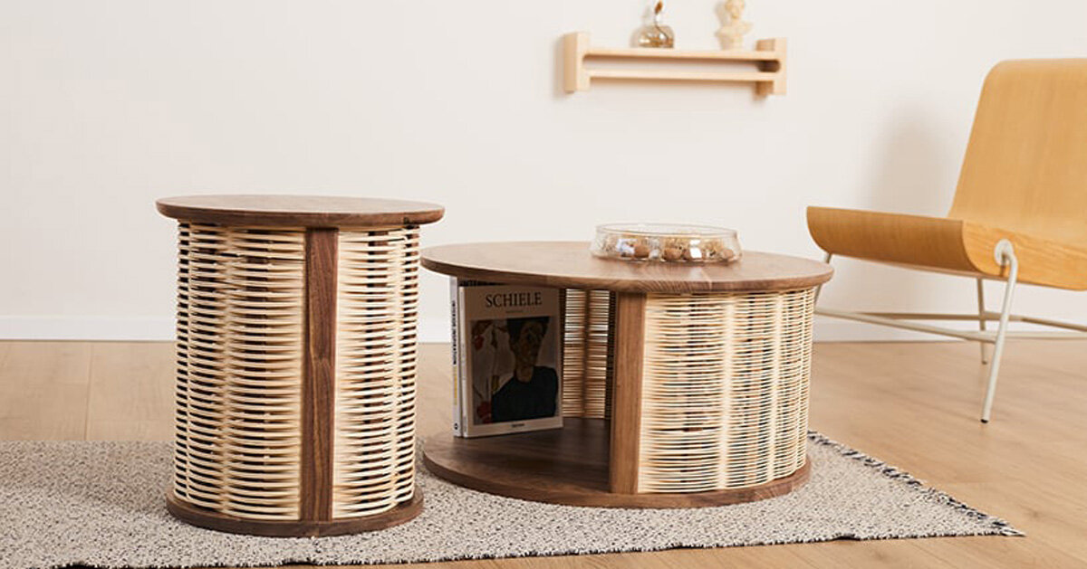 nadav caspi weaves wicker through walnut wood for table collection