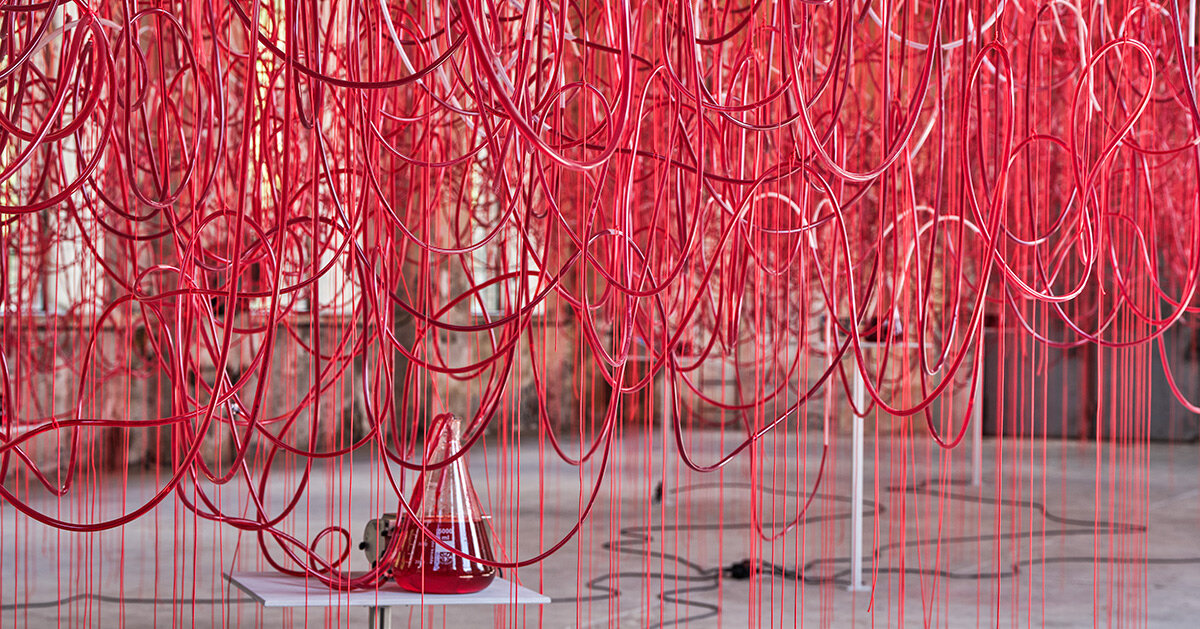 red liquid flows through chiharu shiota's ‘who am I tomorrow?' tube ...