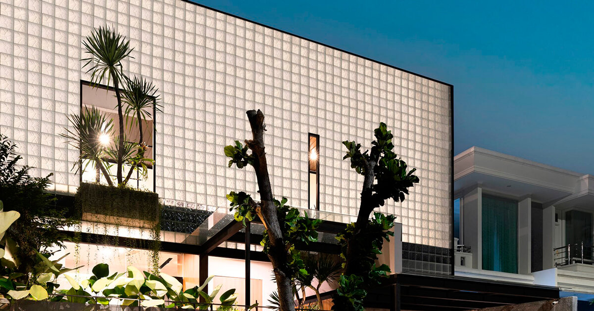 glass block skin enfolds refraction house by RAD+ar in indonesia